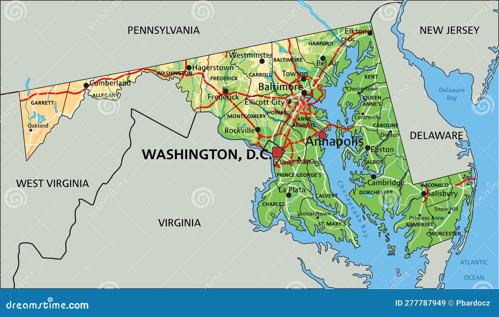 Detailed Maryland Physical Map with Labeling. Stock Vector ...