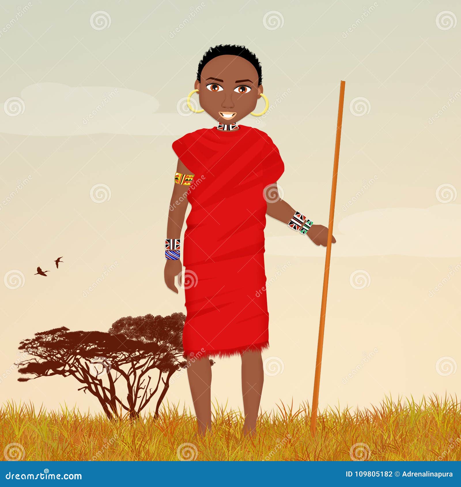 Masai Man in African Landscape Stock Illustration - Illustration of ...