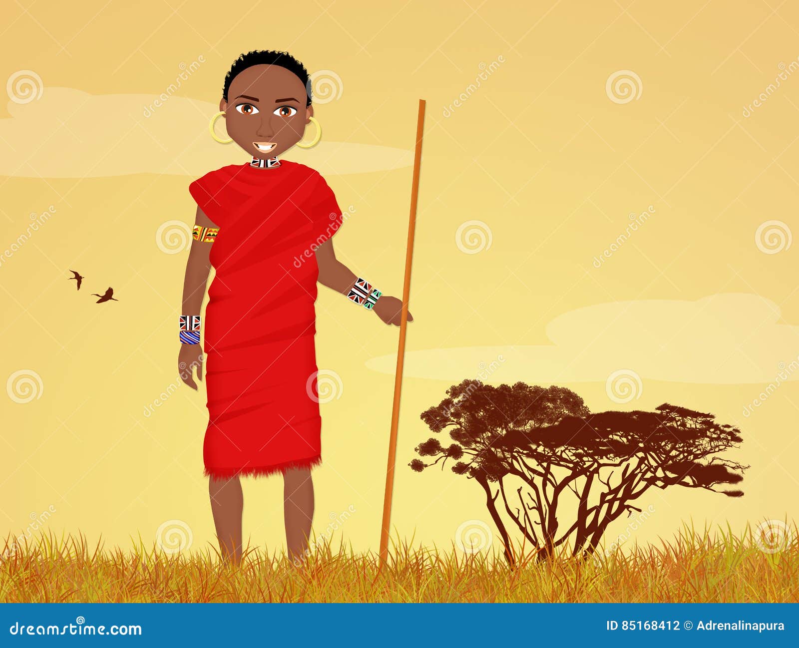 Masai man at sunset stock illustration. Illustration of tree - 85168412