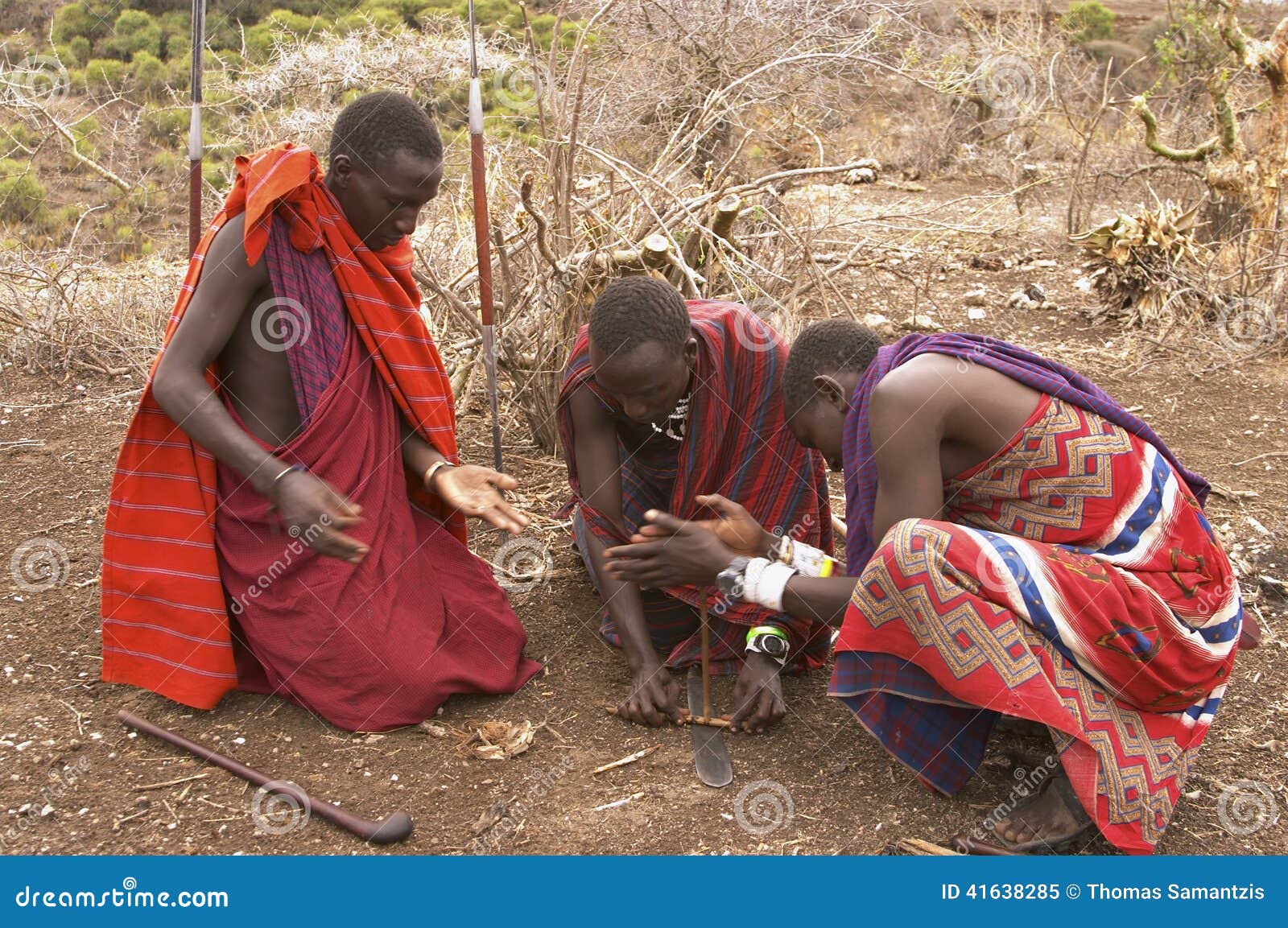 Warriors The Masai Tribe Dancing Ritual Dance Around The Fire Late In ...