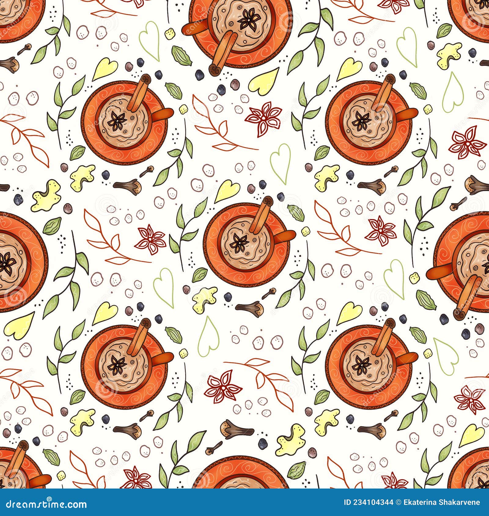 Masala Chai Tea with Spices Seamless Pattern Design Stock Illustration ...