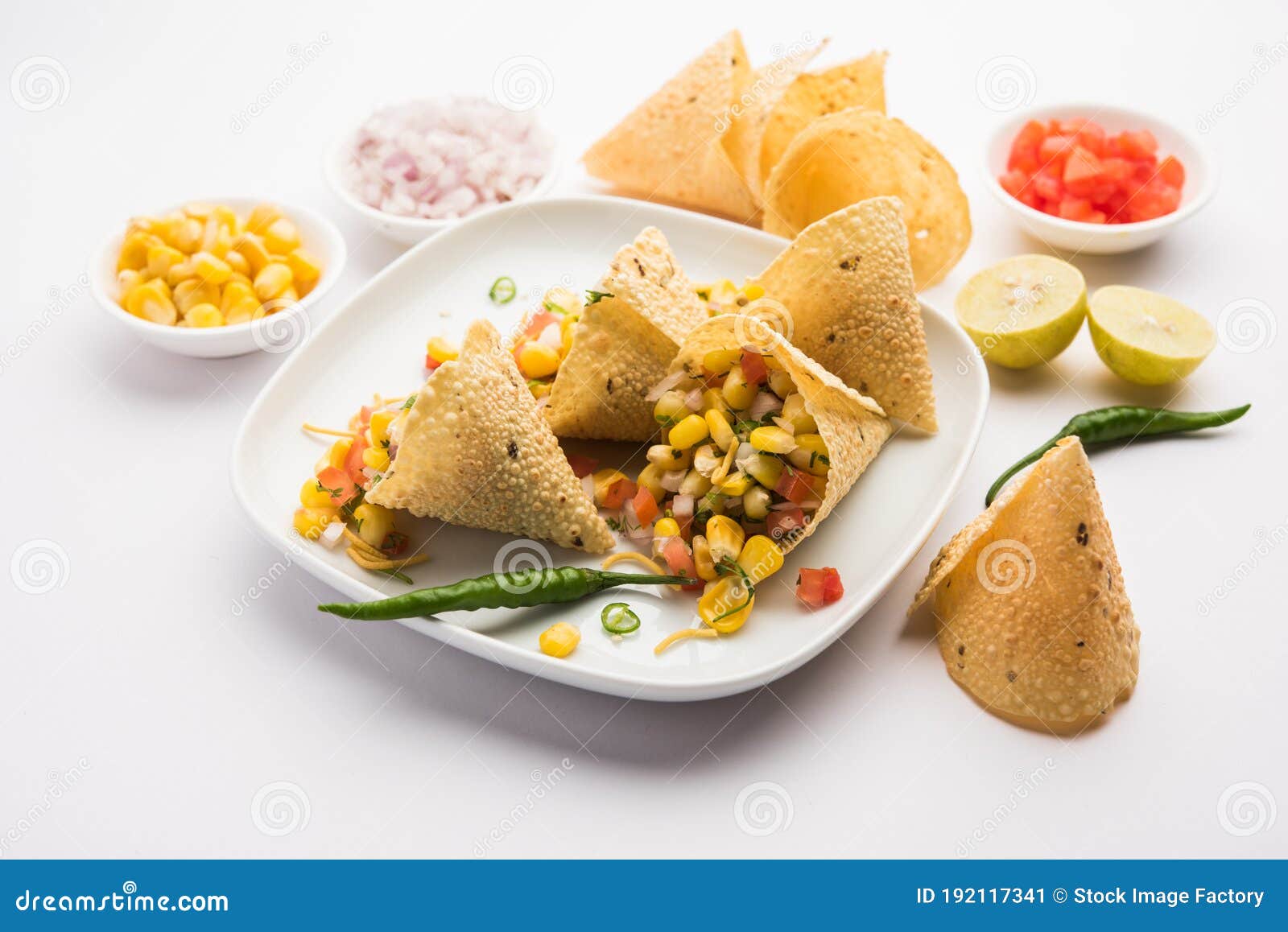 Masala Corn Chat in Papad Cone, Indian Crunchy Snack Menu Stock Image ...