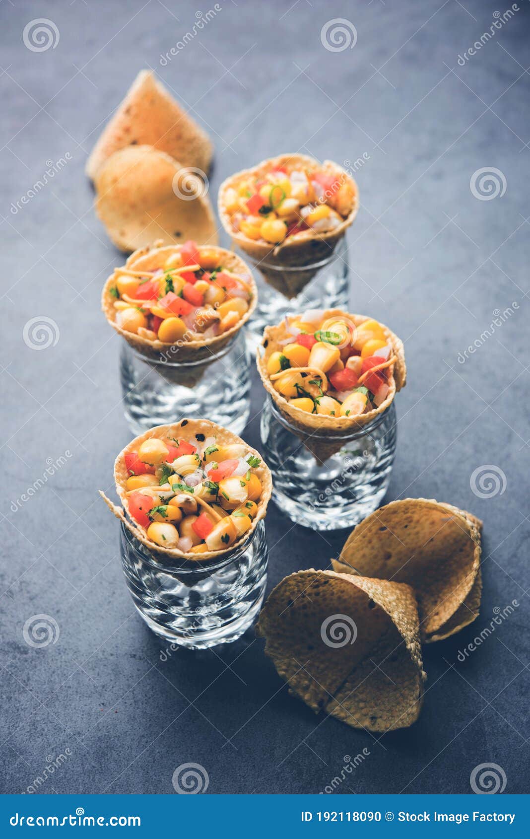 Masala Corn Chat in Papad Cone, Indian Crunchy Snack Menu Stock Photo ...