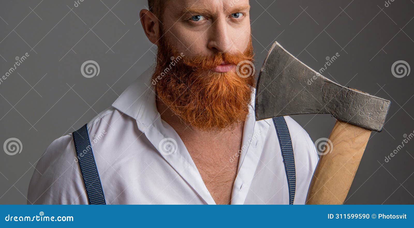 Masculine Bearded Brutal Man Cutting Beard with Axe Isolated on Grey ...