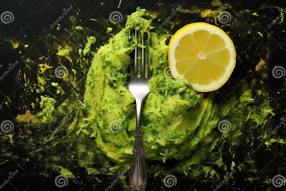 Mashed Avocado Texture with a Fork and Lemon Wedge Stock Image - Image ...