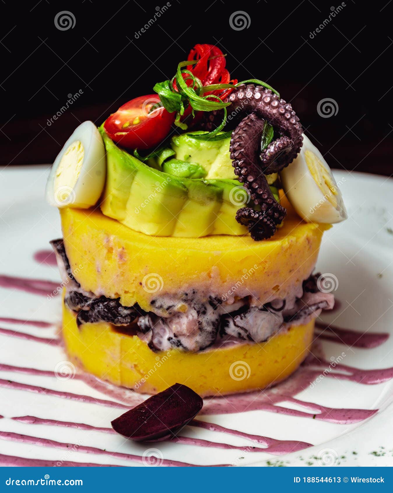 Mashed Potato Stuffed with Octopus Tentacles and Avocado Stock Image ...