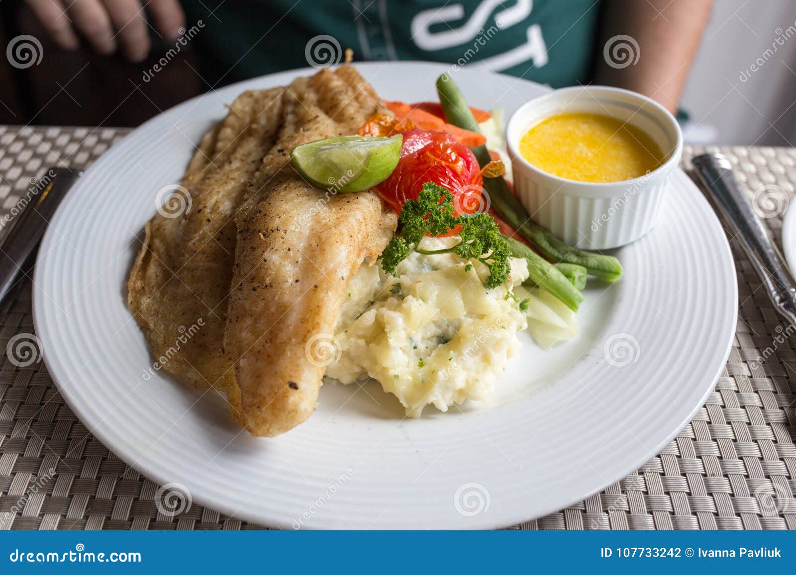 Mashed Potatoes and Fried Fish with Vegetables and Sauce Stock Photo ...