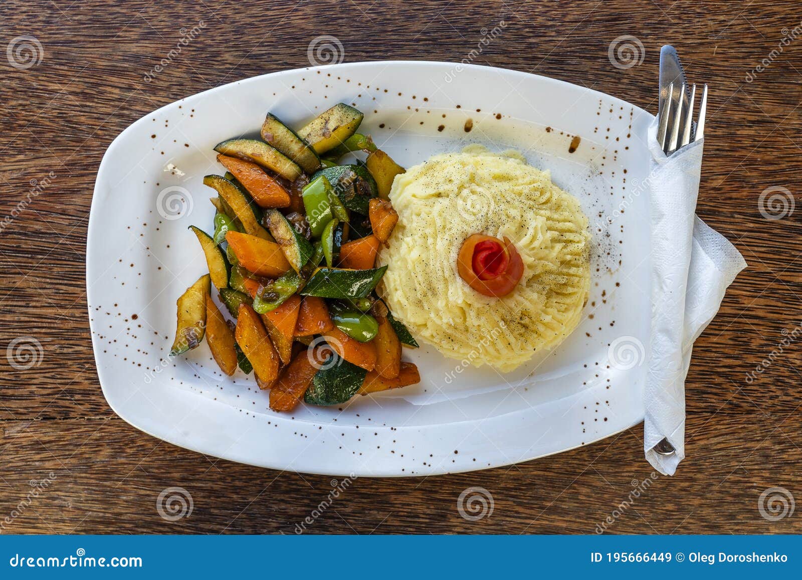 Mashed Potatoes with Fried Vegetables on a White Plate Stock Image ...