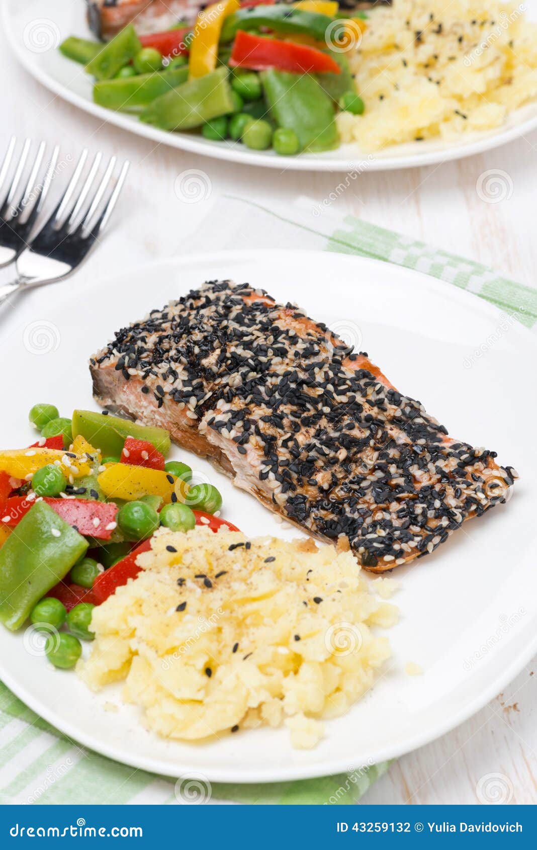 Mashed Potatoes, Pink Salmon with Sesame and Vegetables Stock Photo ...