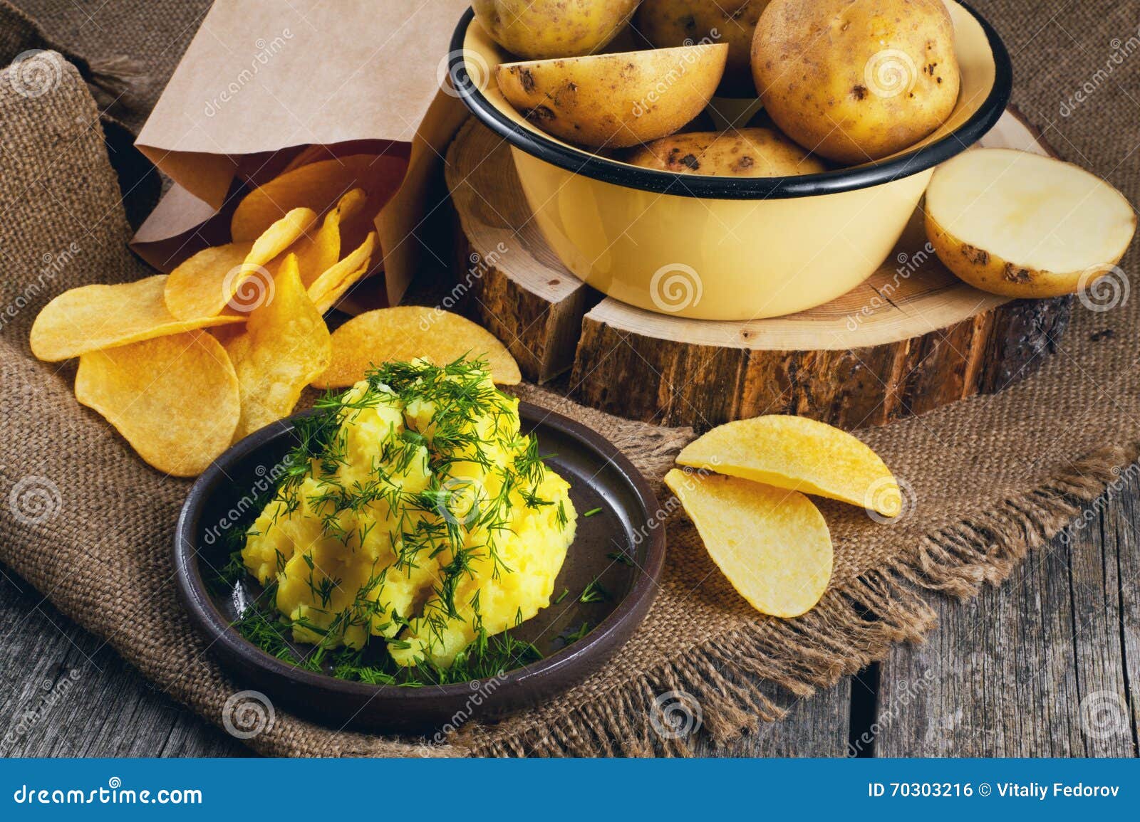 Mashed Potatoes on a Plate, Chips and Raw Potatoes Stock Photo - Image ...