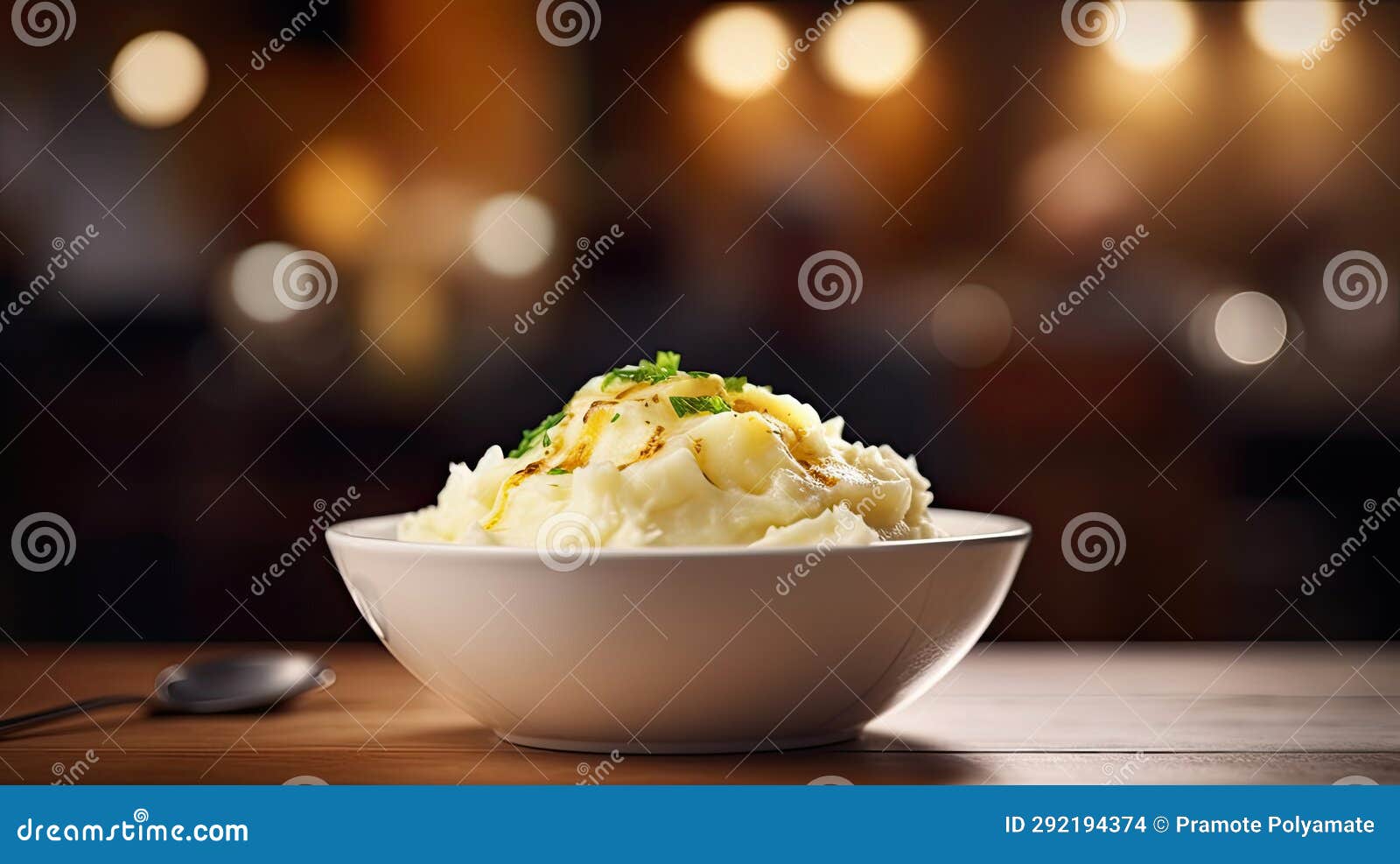 Mashed Potatoes in White Bowl on Wooden Table in the Restaurant ...