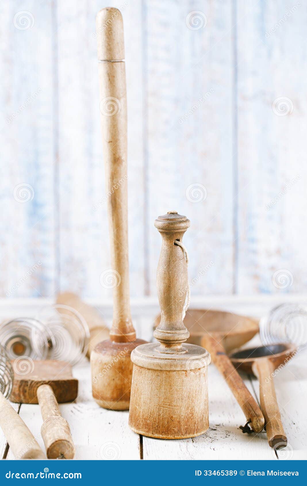 Mashers Retro Kitchen Utensils on Old Wooden Table in Rustic St Stock ...