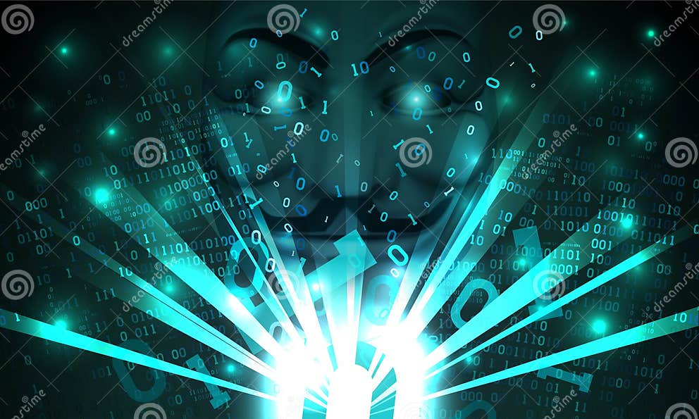 Mask Anonymous Computer Hacker on Blue Background with Hacked Binary ...