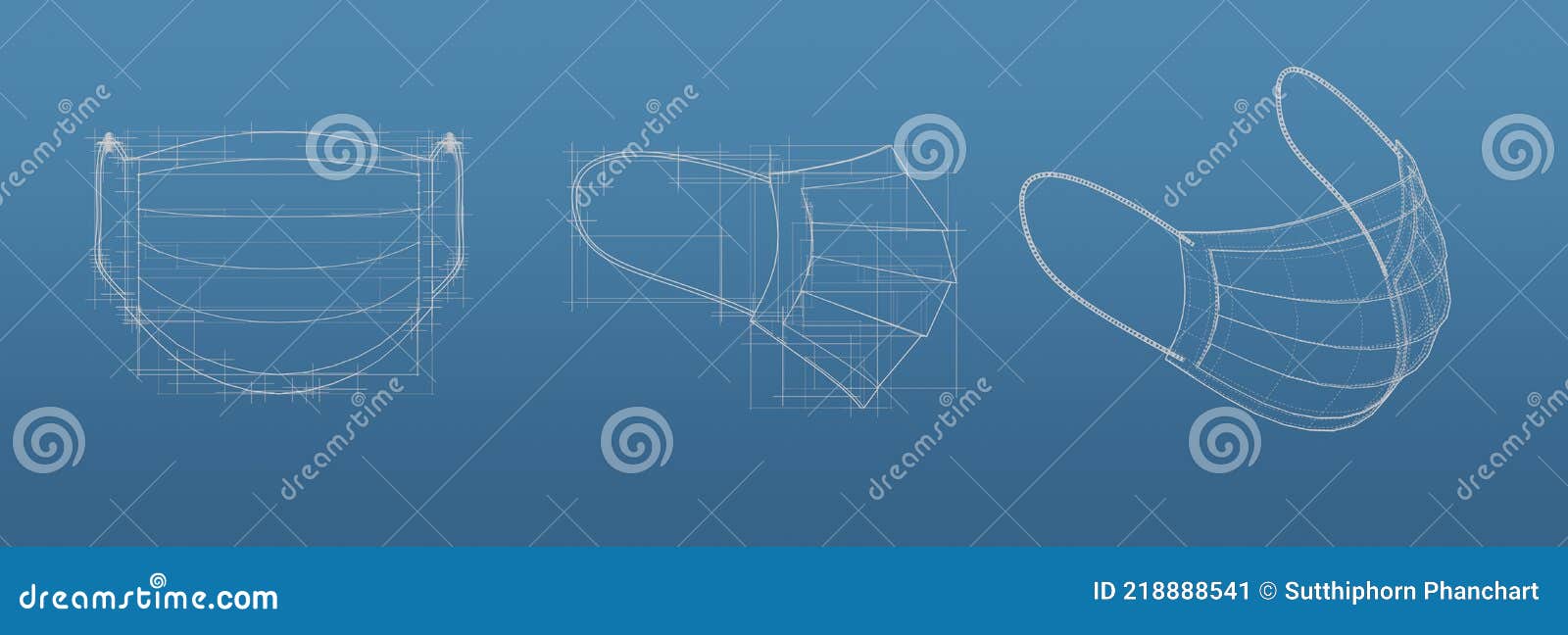 Mask 3d Blueprint Mesh Model on a Blue Background. Front View ...