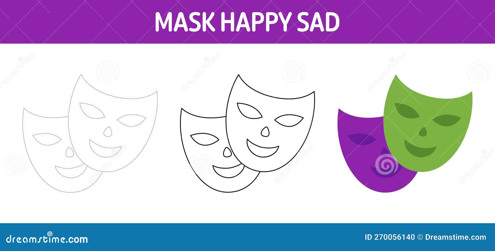 Mask Happy Sad Tracing and Coloring Worksheet for Kids Stock Vector ...