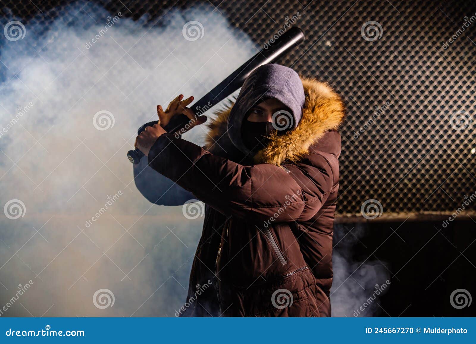 Masked Angry Man with Bat in Smoke Stock Photo - Image of evil, face ...
