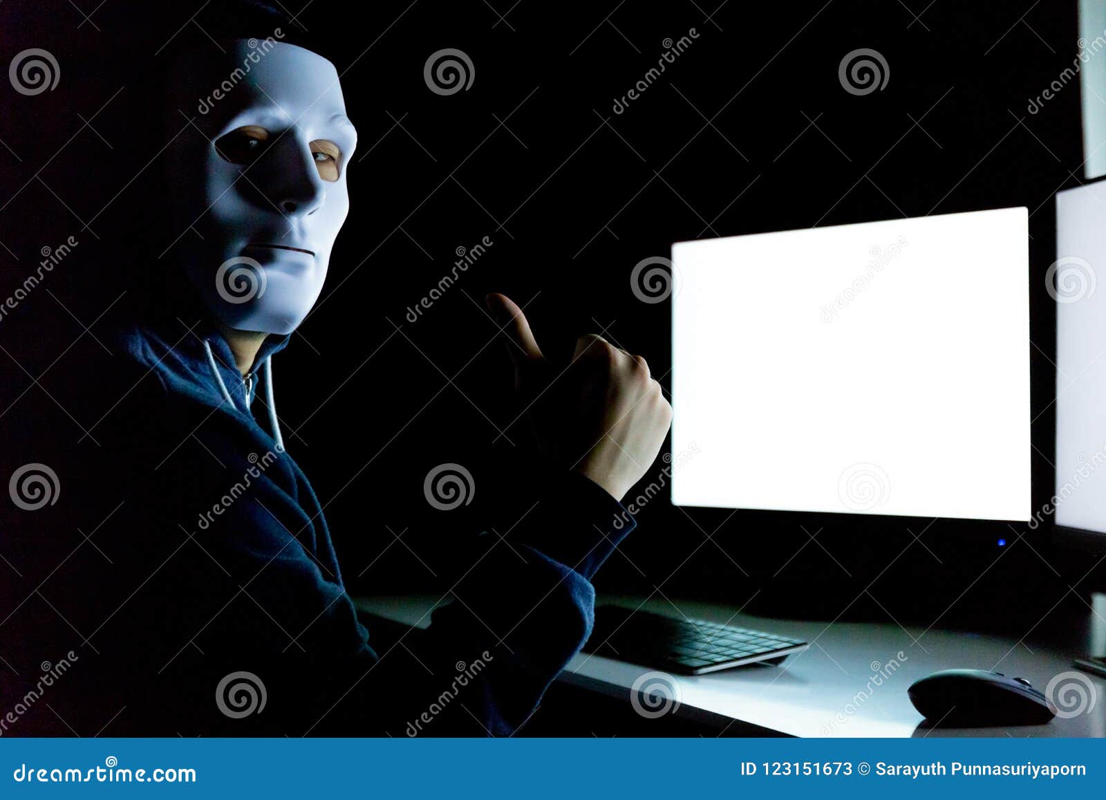 Masked and Anonymous Hacker Under Hood Giving Thumbs Up while Using a ...