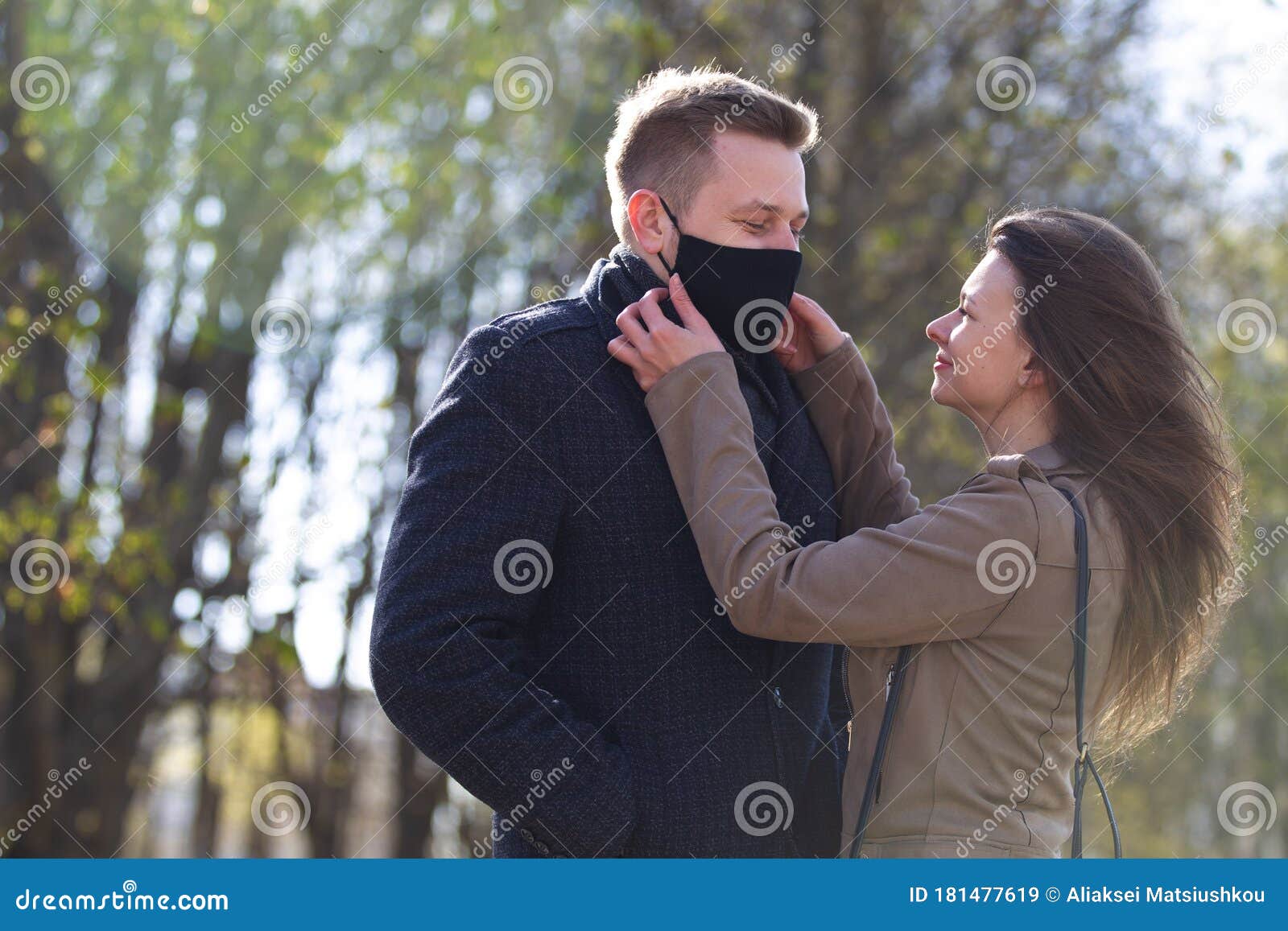 Masked Couple Walking In The Park Stock Image Image Of Spring