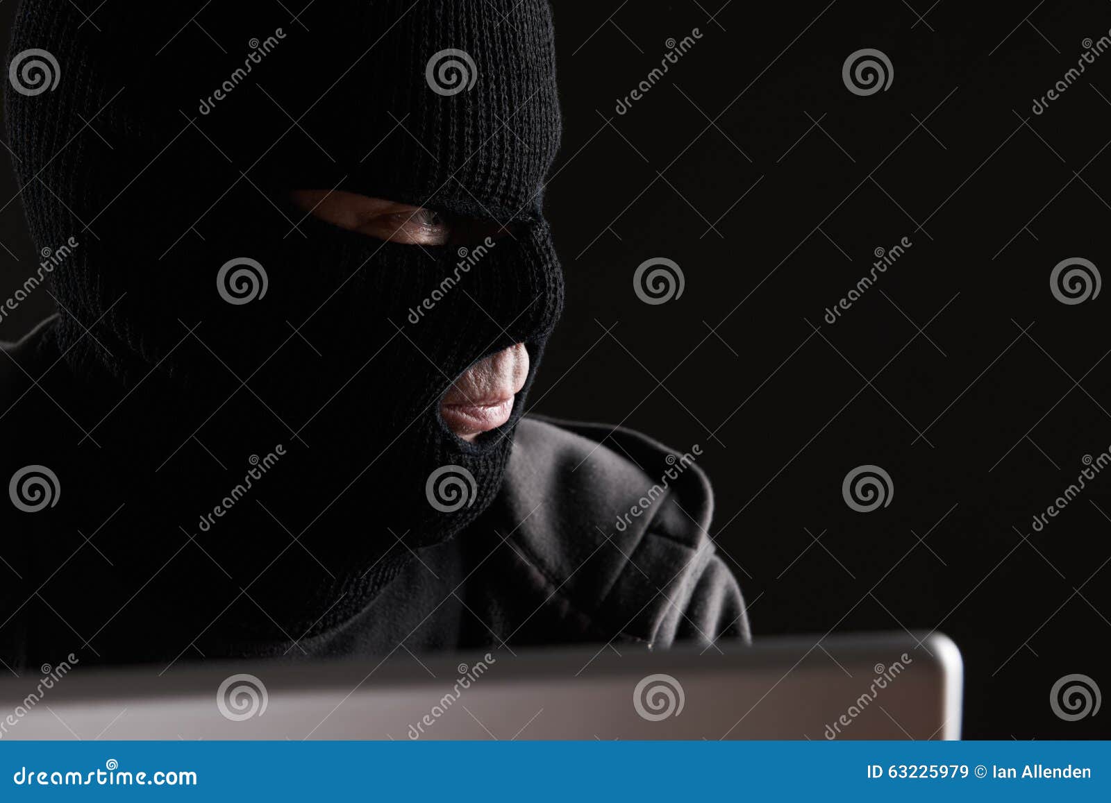 Masked Criminal Accessing Computer Data Stock Image - Image of person ...