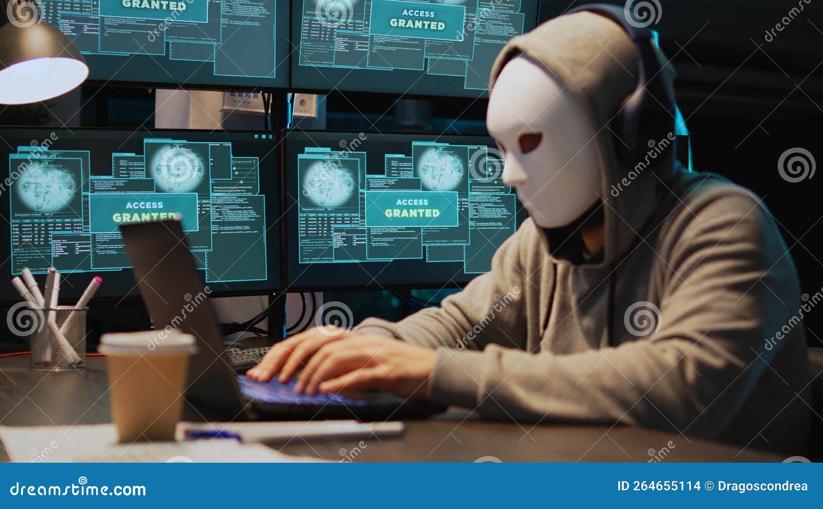 Masked Cyber Thief Hacking Computer Network at Night Stock Photo ...