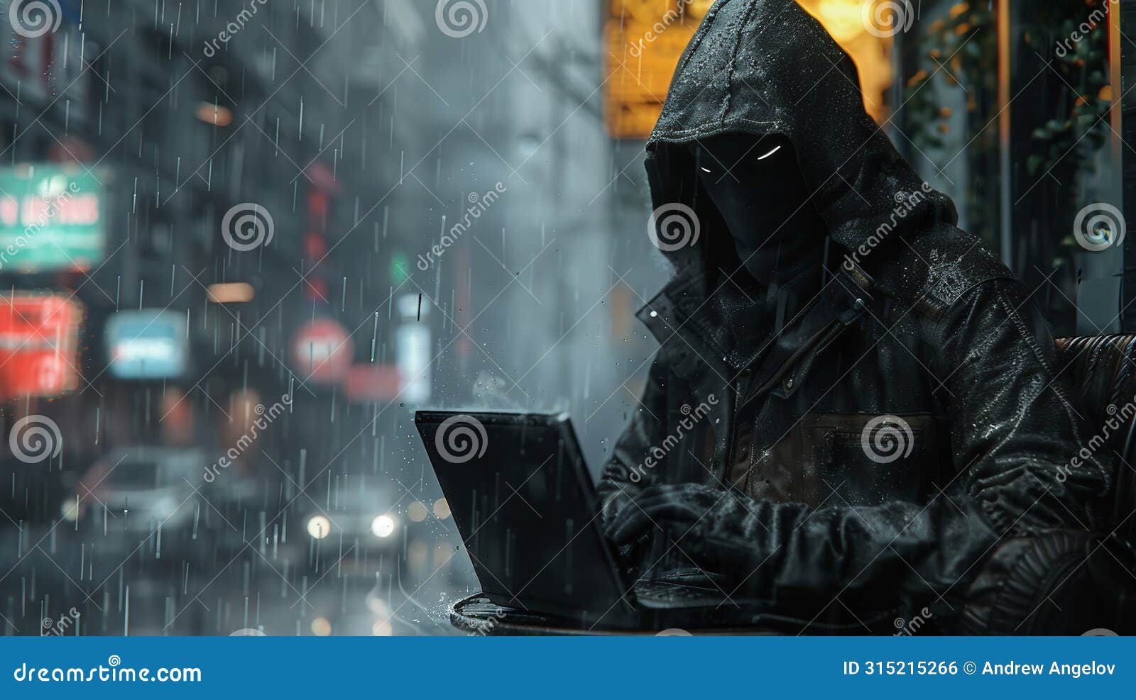 Masked Data Thief Hacking Computer Network at Night, Working on Laptop ...