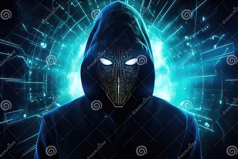 Masked Hacker with Glowing Eyes Stock Illustration - Illustration of ...