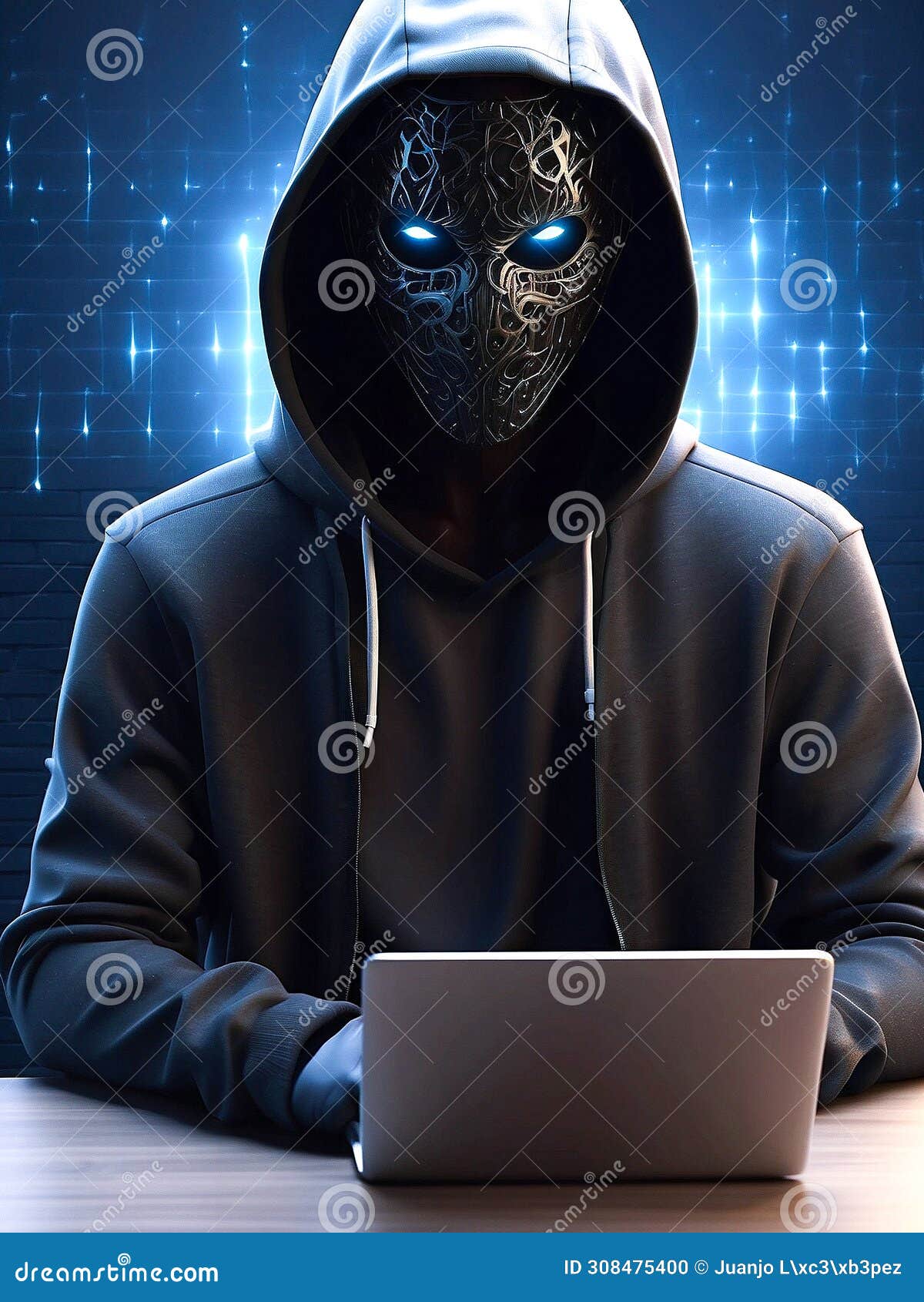 Masked Hacker Scammer with a Hood and a Technological Background Stock ...