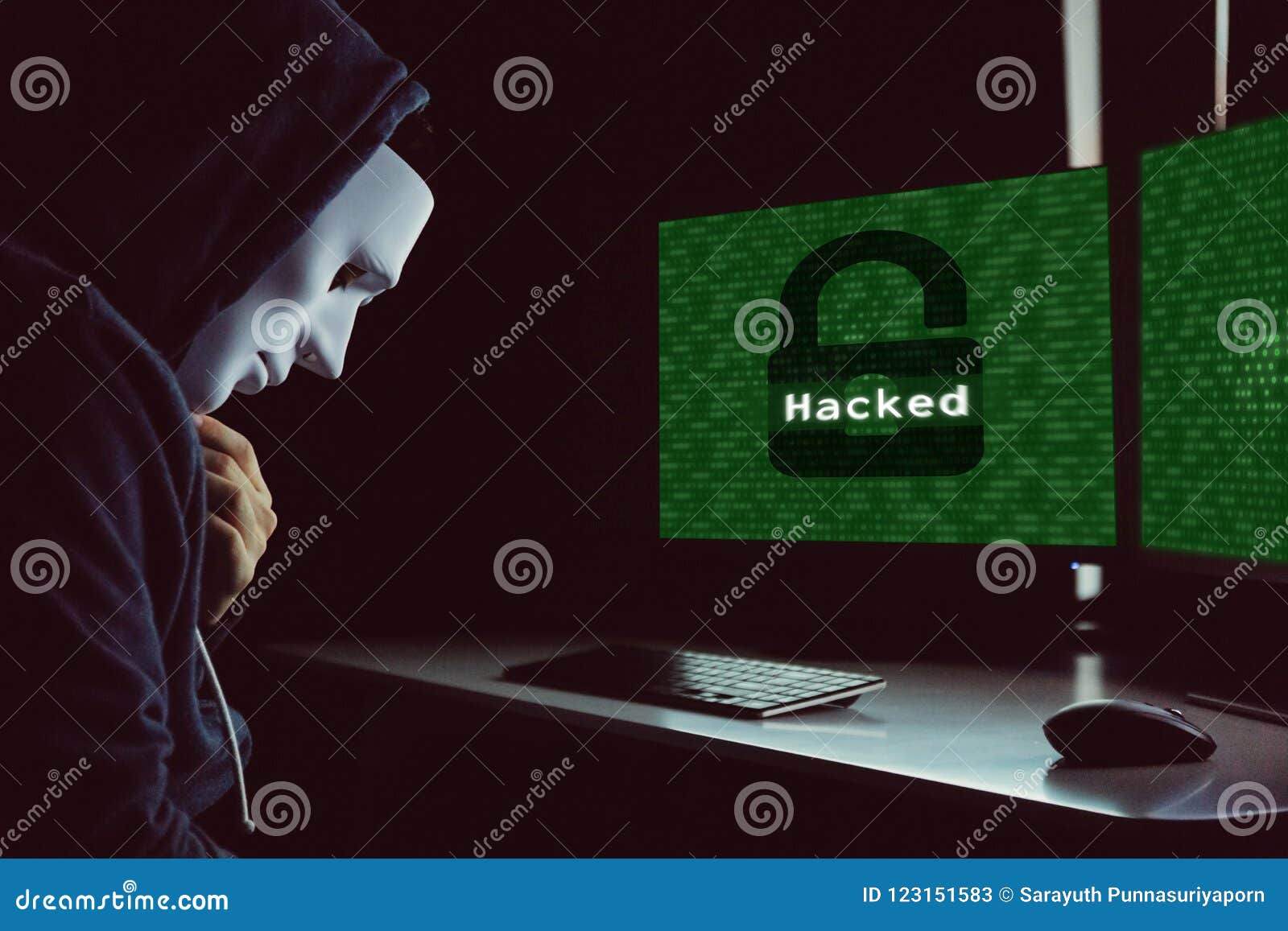 Masked Hacker Under Hood Using Computer To Hack Into System And Trying To Commit Computer Crime