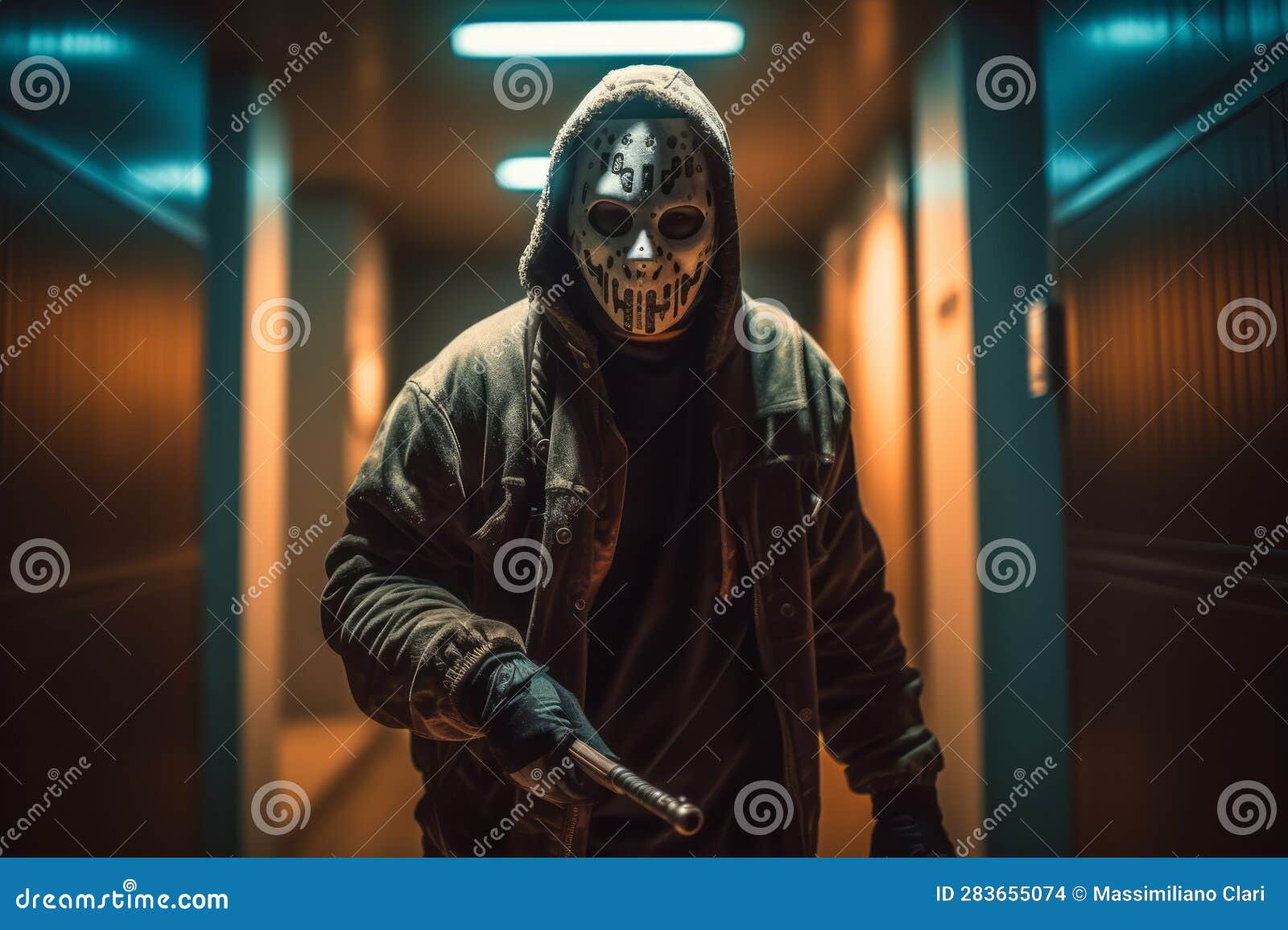 A Masked Killer with a Menacing Expression, Wielding a Sharp Weapon ...