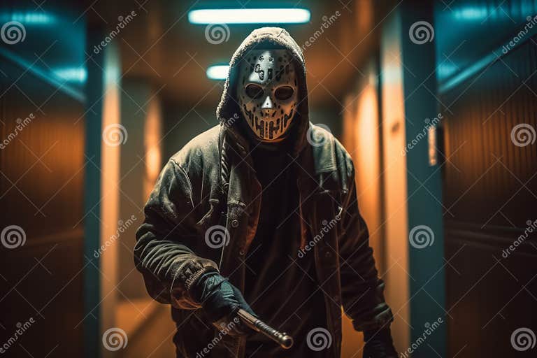 A Masked Killer with a Menacing Expression, Wielding a Sharp Weapon ...
