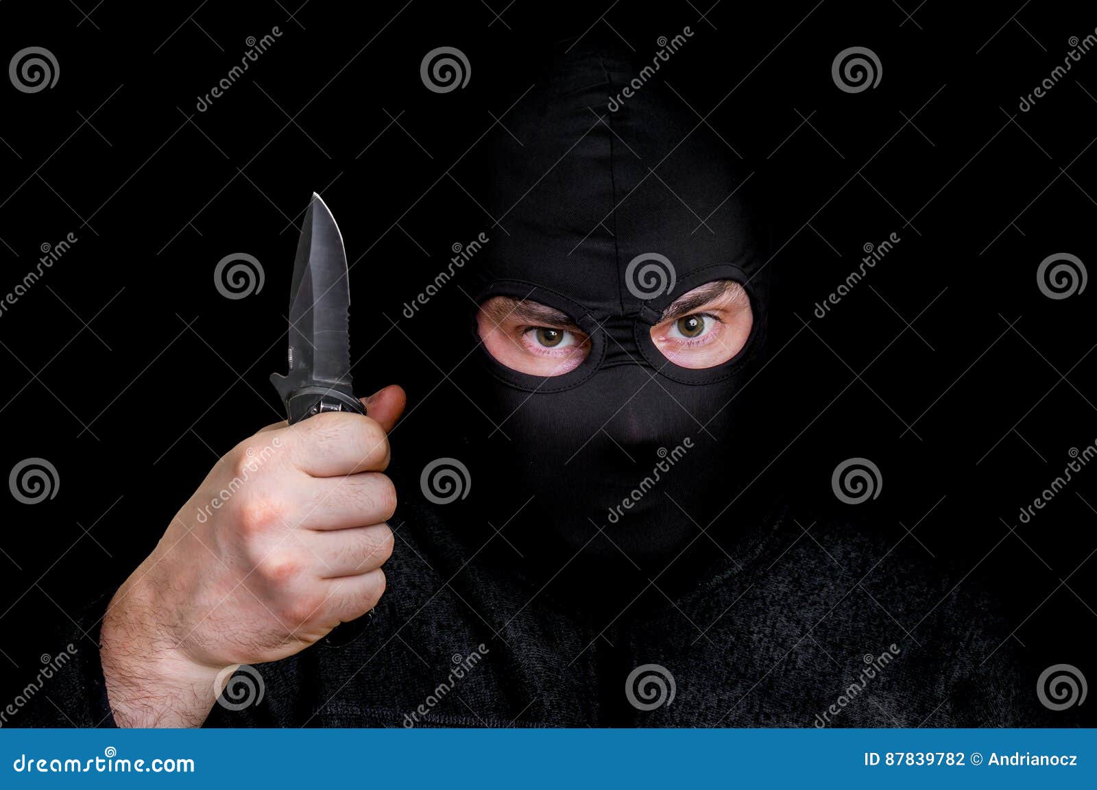 Masked Man in Balaclava with Knife on Black Stock Photo - Image of ...