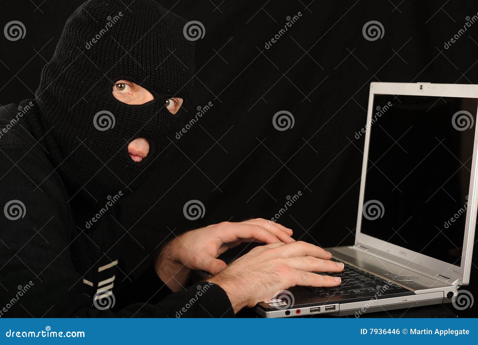 Masked man and computer stock photo. Image of blank, fingers - 7936446