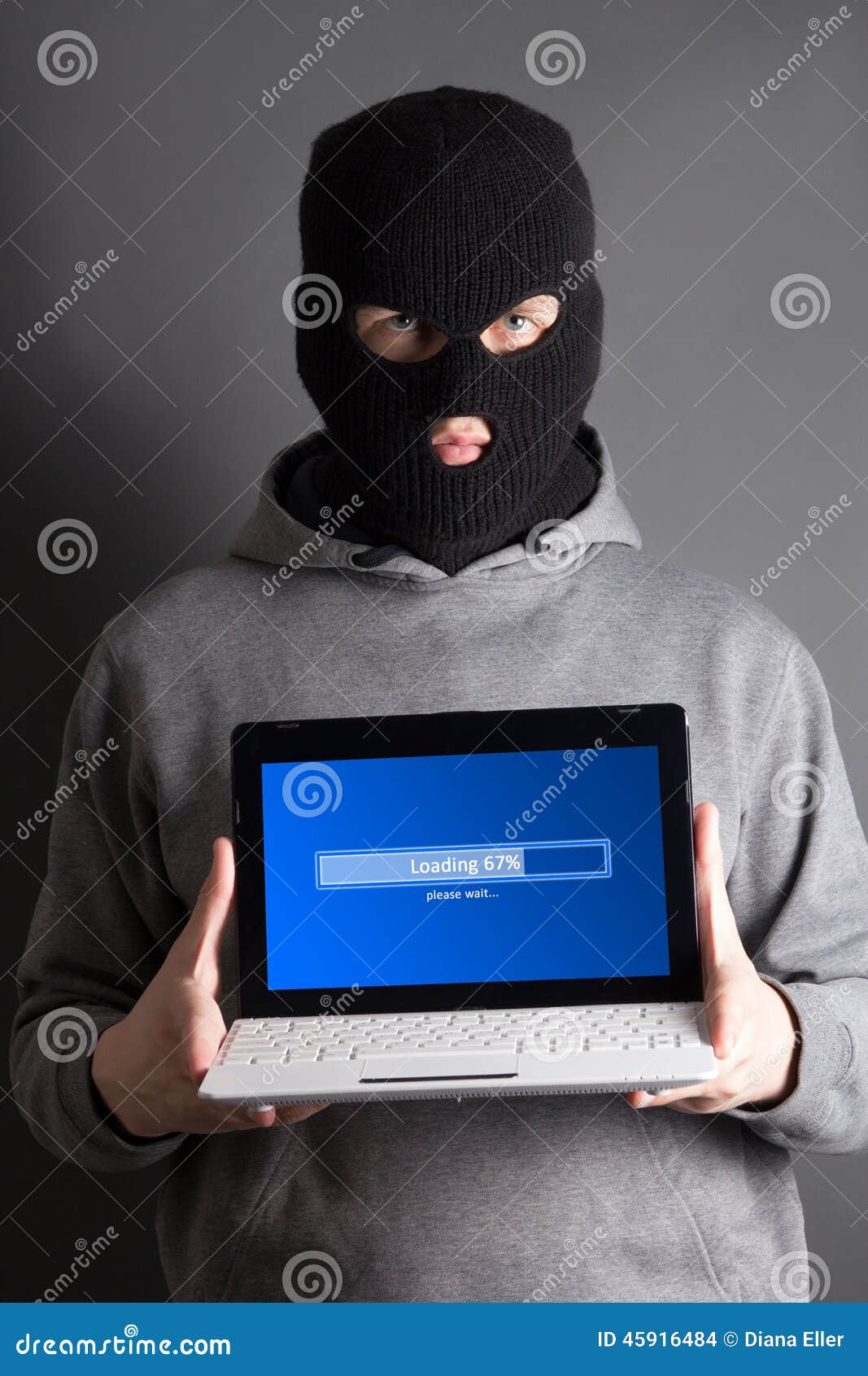Masked Man with Loading Computer Over Grey Stock Photo - Image of black ...