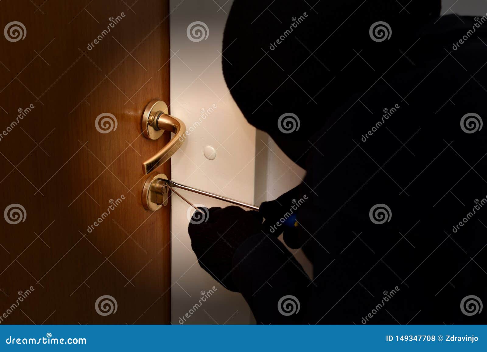 Masked Robber Breaking the Door Lock Stock Photo - Image of flashlight ...