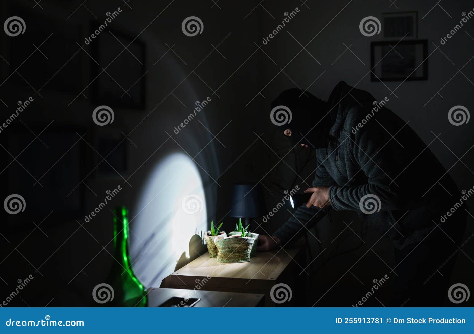 Masked Robber with Flashlight Torch Stock Image - Image of furniture ...