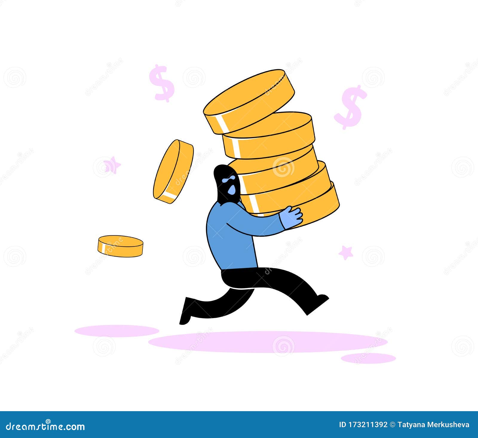 Masked Robber Running Away With A Stack Of Coins. Flat Vector ...