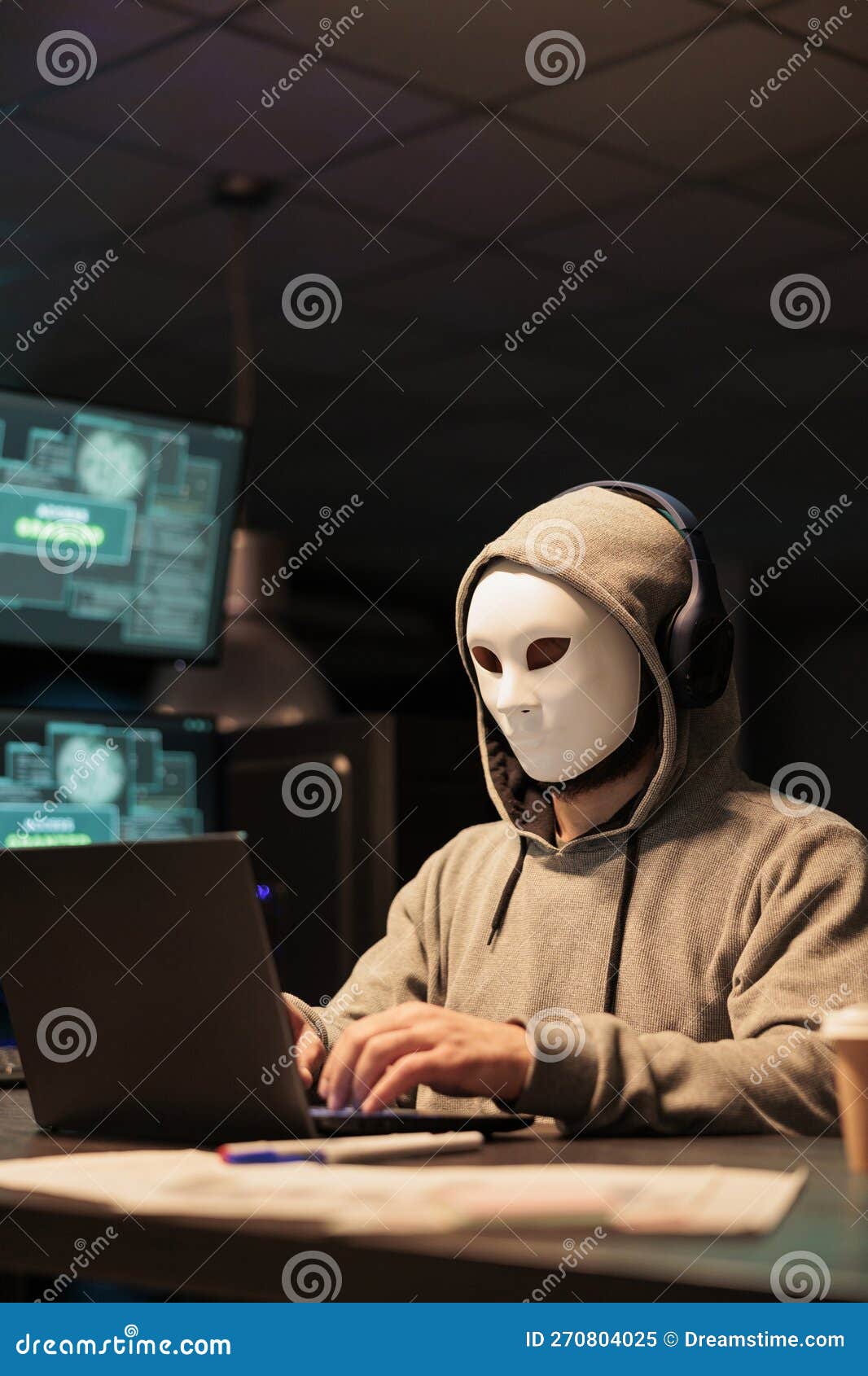 Masked Scammer Hacking Computer Network at Night Stock Image - Image of ...