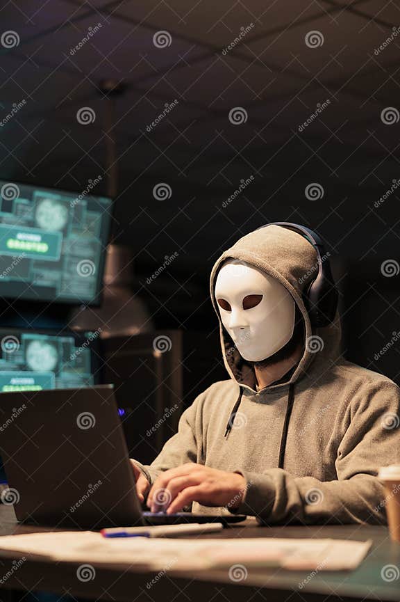 Masked Scammer Hacking Computer Network at Night Stock Image - Image of ...