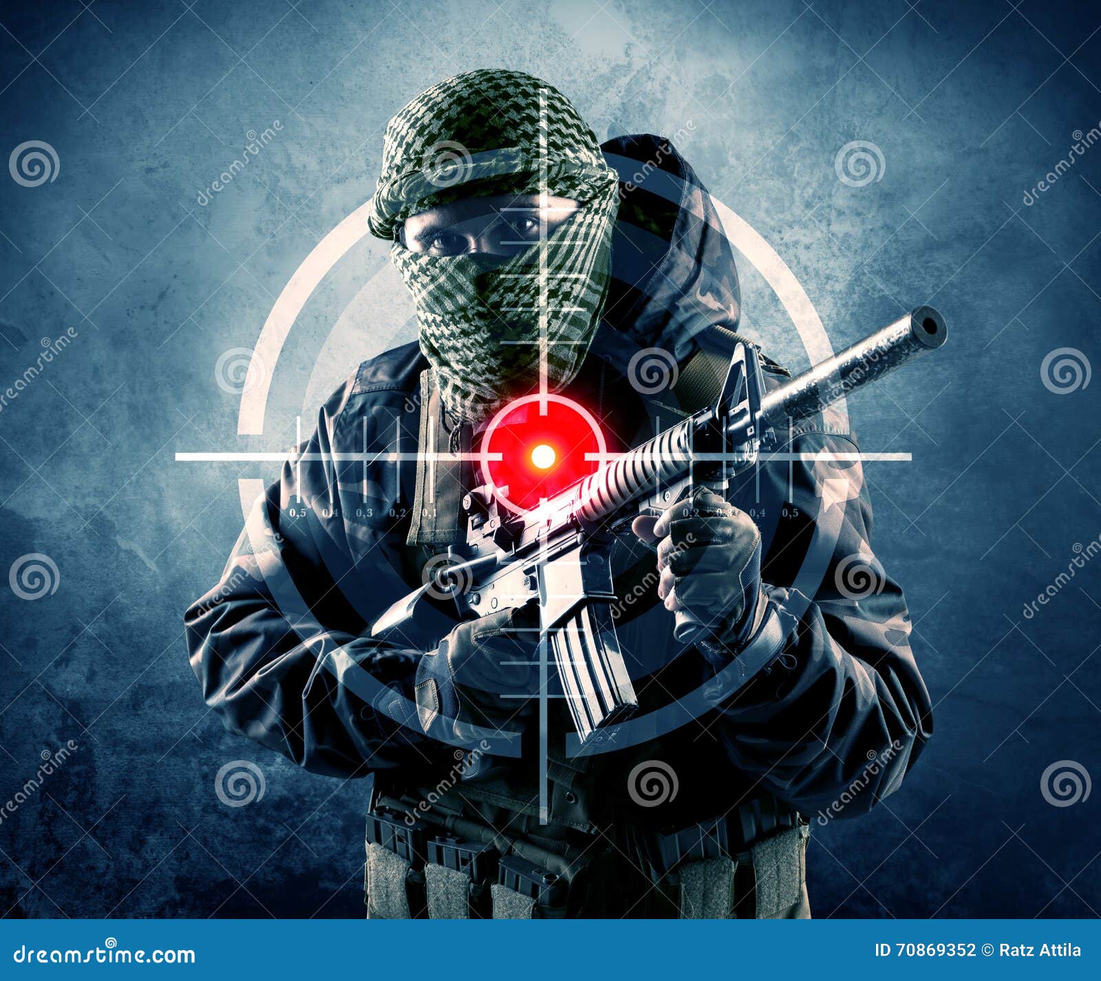 Masked Terrorist Man with Gun and Laser Target on His Body Stock Photo ...