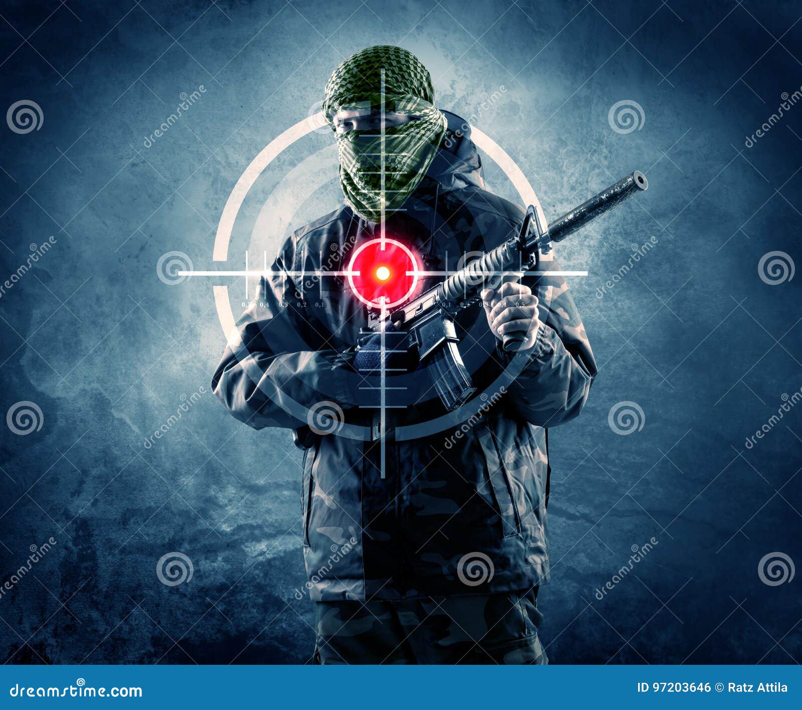 Masked Terrorist Man with Gun and Laser Target on His Body Stock Photo ...