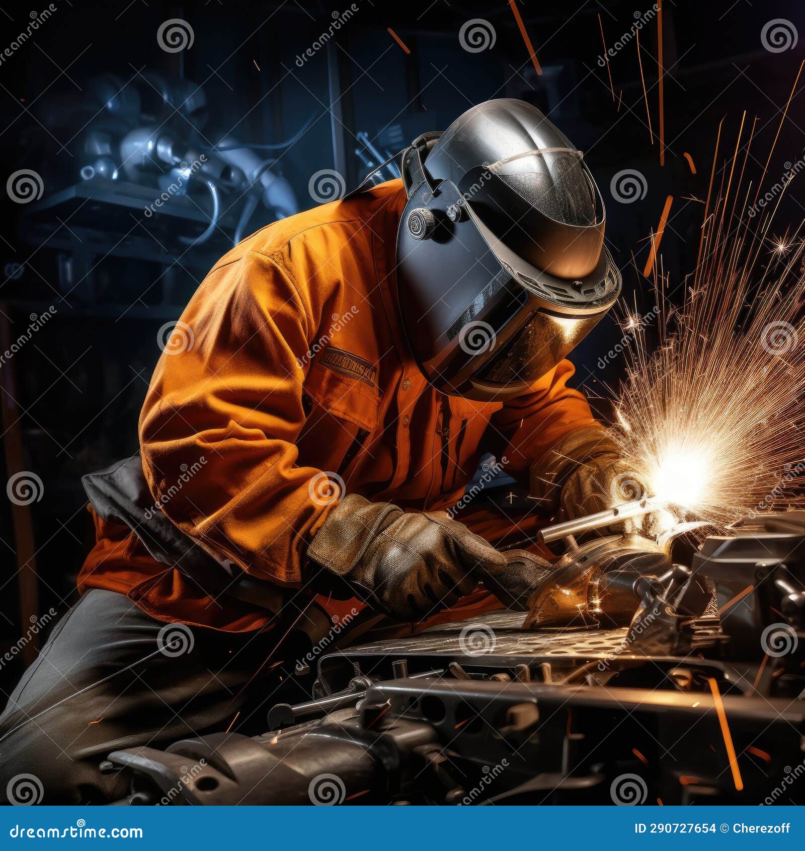 A Masked Welder Welds Parts Stock Photo - Image of background, industry ...
