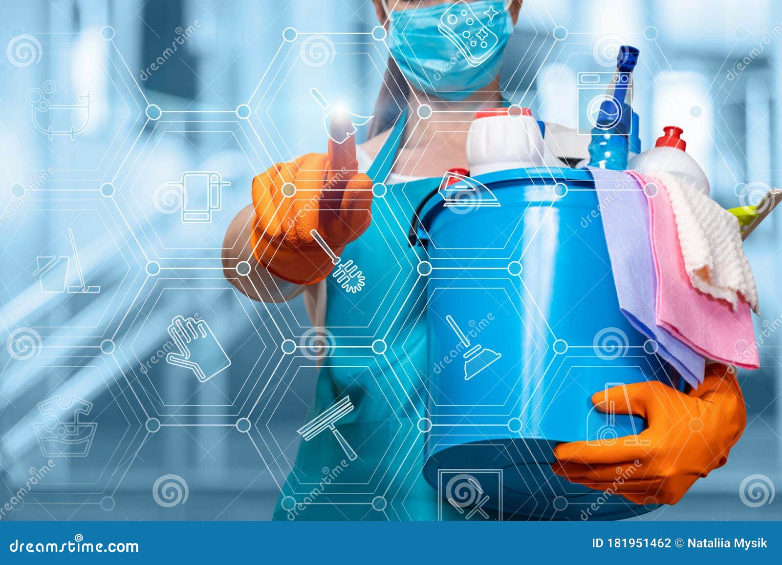 Masked Woman Cleaner Clicks on a Virtual Screen Stock Photo - Image of ...