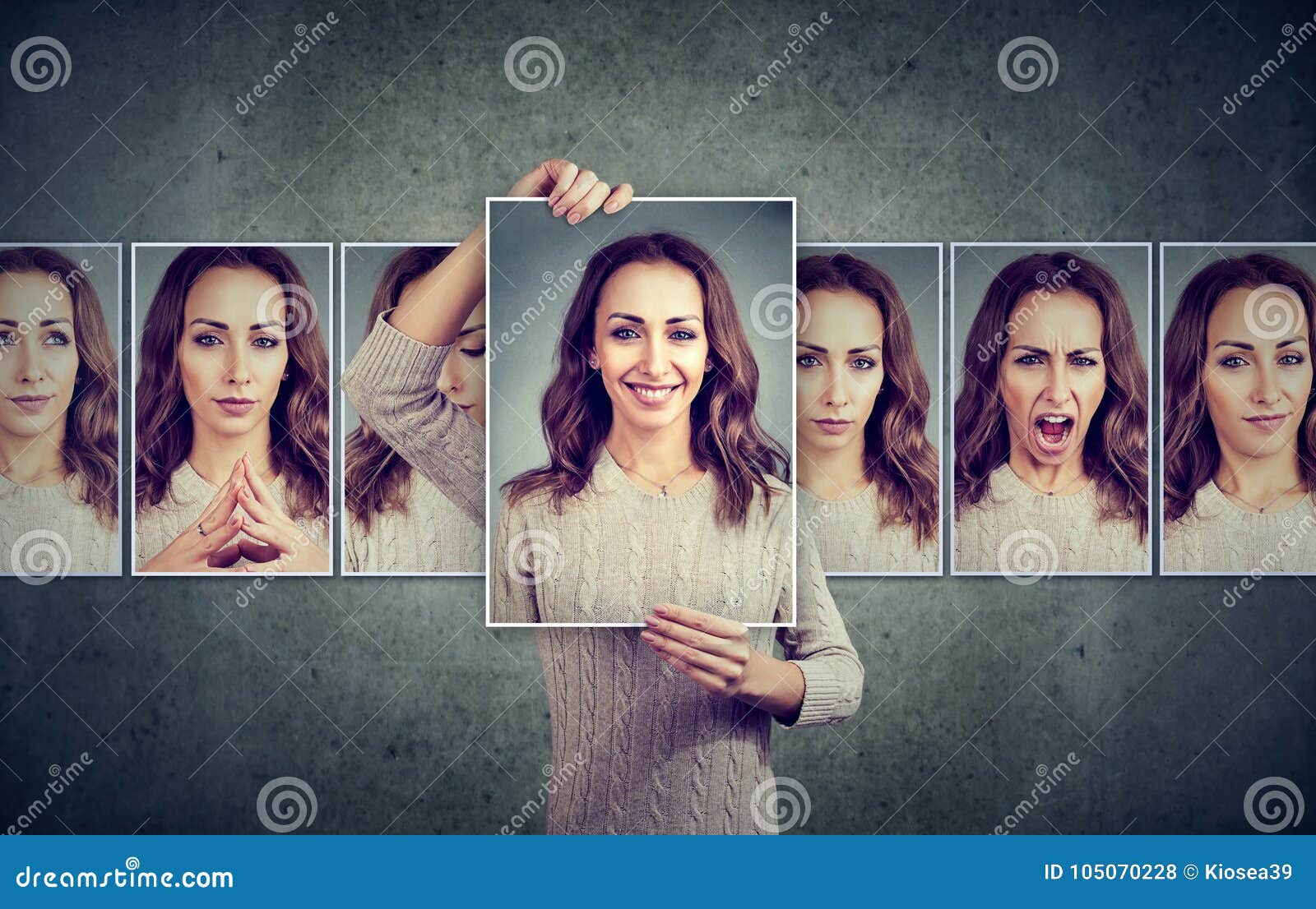 Masked Young Woman Expressing Different Emotions Stock Photo - Image of ...