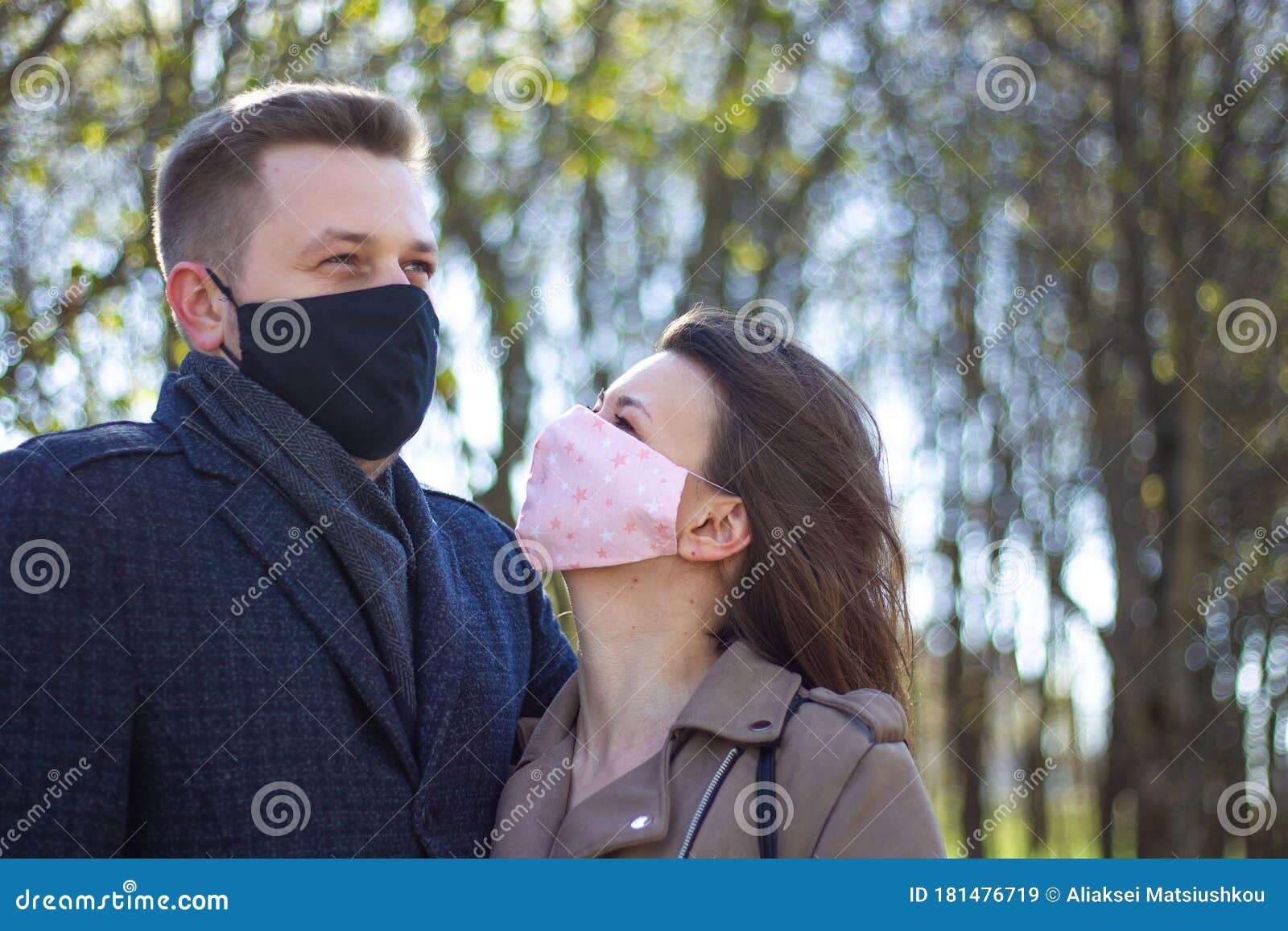 Masked Young Couple Walking In The Park Stock Image Image Of Health