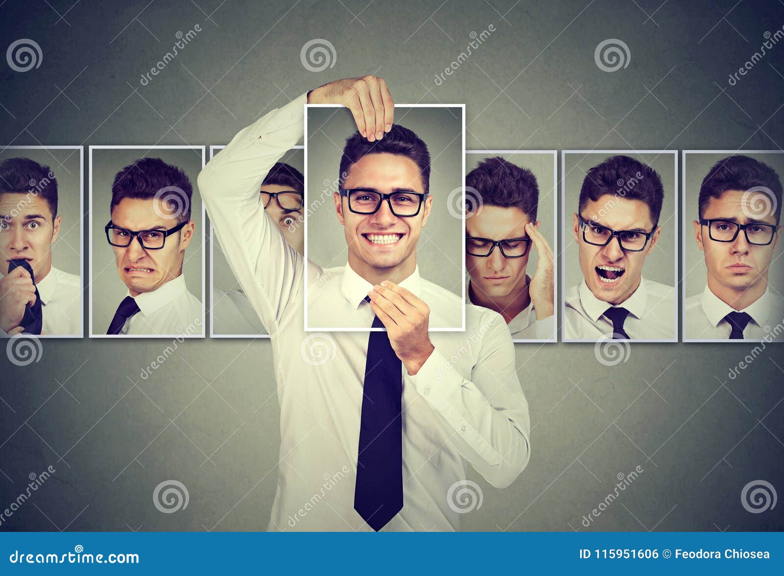 Masked Young Man in Glasses Expressing Different Emotions Stock Photo ...