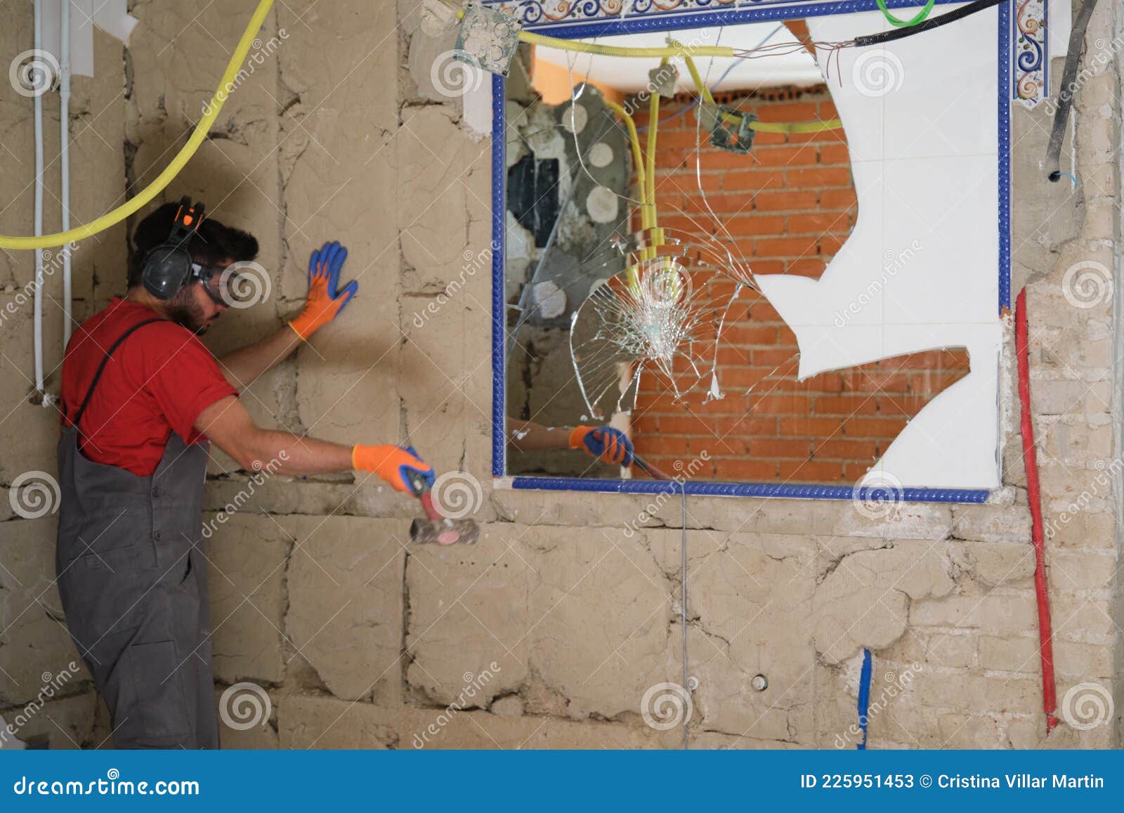 Mason Breaking a Mirror with a Hammer. Stock Image - Image of break ...