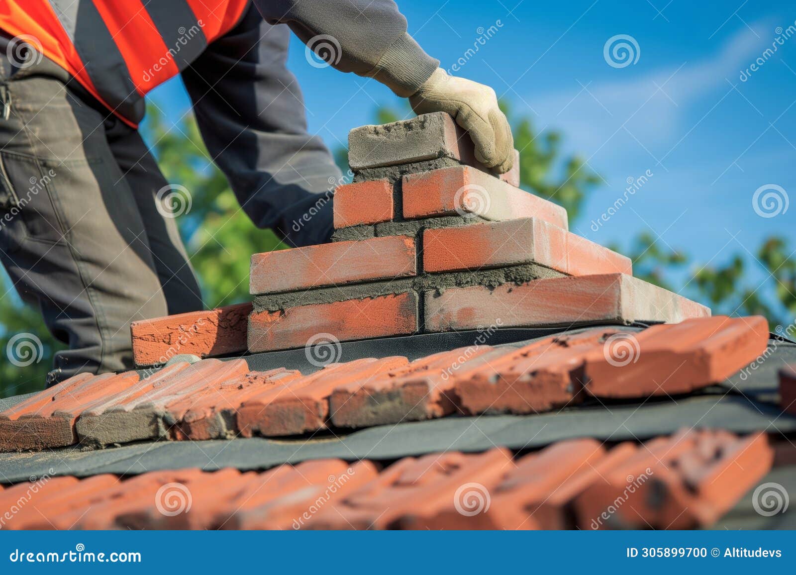 Mason Laying Bricks for a Rooftop Chimney Stack Stock Illustration ...