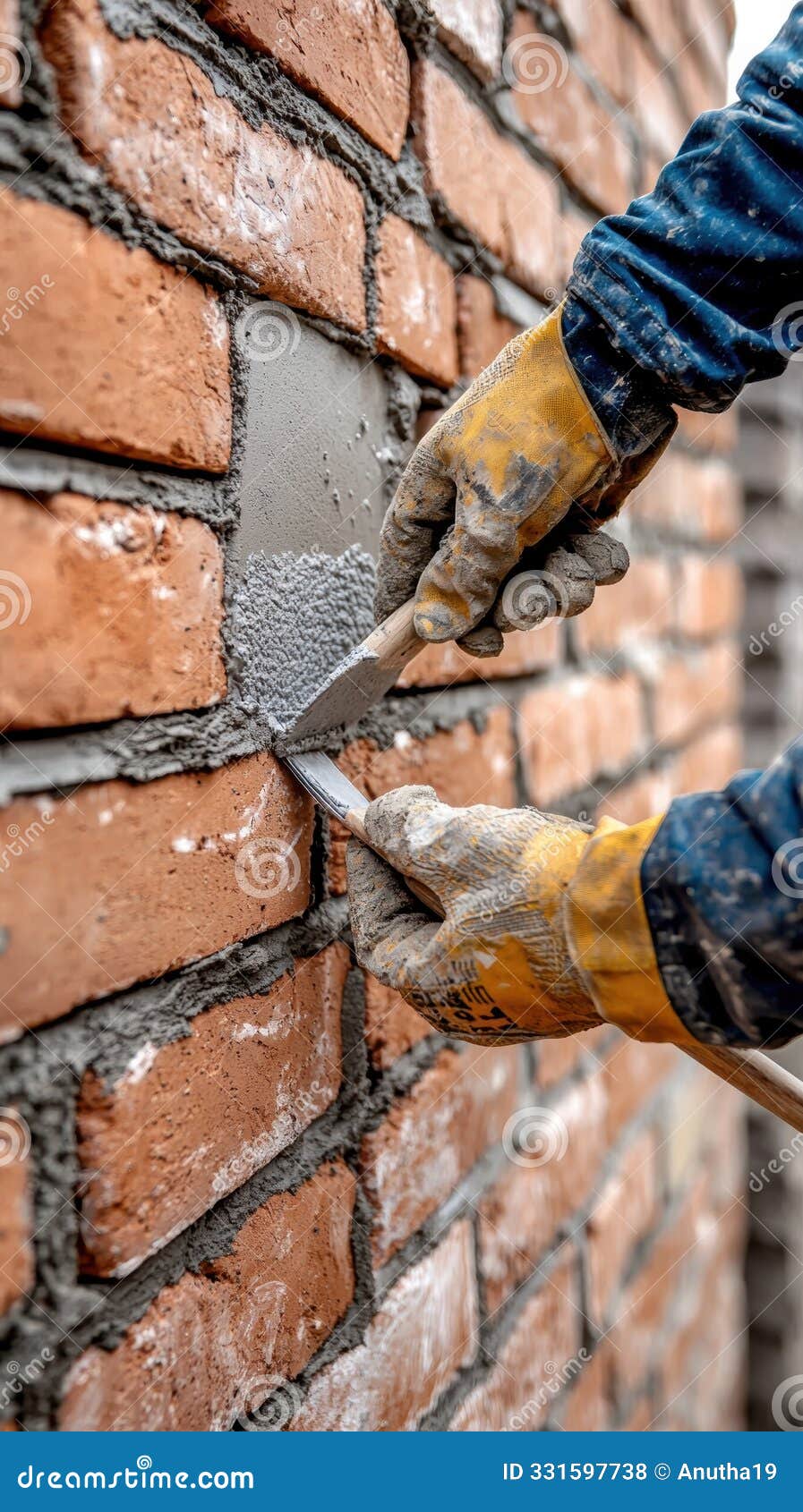 Mason Laying Bricks on a Wall with Trowel and Mortar, Side Profile ...
