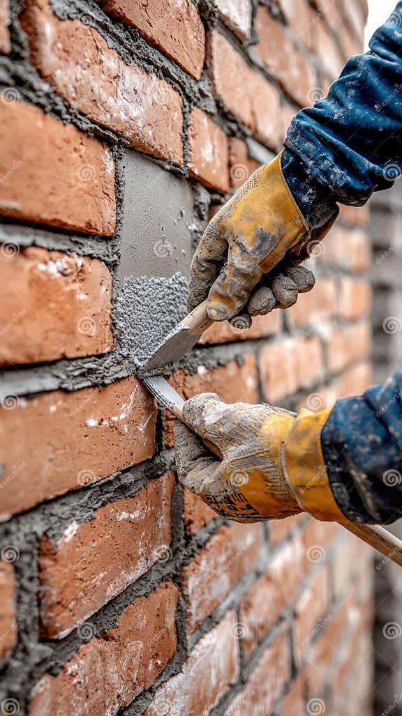 Mason Laying Bricks on a Wall with Trowel and Mortar, Side Profile Focused on Tools and ...