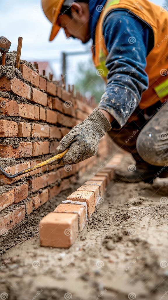 Mason Leveling Bricks with Tools in a Wide-angle Shot, Focus on Wall ...